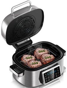 grill and air fryer combo, cattleman cuisine 10-in-1 indoor electric grill, stainless steel air fryer grill with air grill, air fryer, roast, bake, dehydrate, beef & fries, 6.5qt, silver