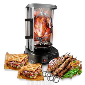 nutrichef countertop vertical rotating oven – rotisserie shawarma machine, kebob machine, stain resistant & energy efficient w/ heat resistant door, includes kebob rack with 7 skewers (pkrtvg34)