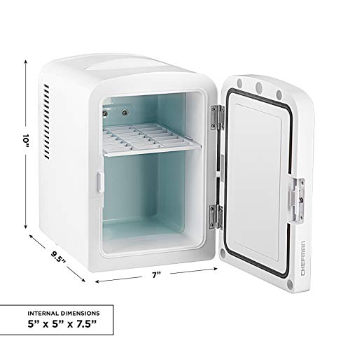 Chefman Portable Mirrored Personal Fridge, 4 Liter Mini Refrigerator, Skin Care, Makeup Storage, Beauty, Serums And Face Masks, Small For Desktop Or Travel, Cool & Heat, Cosmetic Application