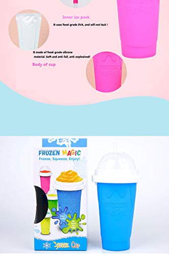 Slushy Maker Ice Cup Travel Portable Double Layer Silica Cup Children's Adult Slushy Ice Cup Pinch Cup Hot Summer Cooler Smoothie Silicon Cup Pinch into Ice (Blue)