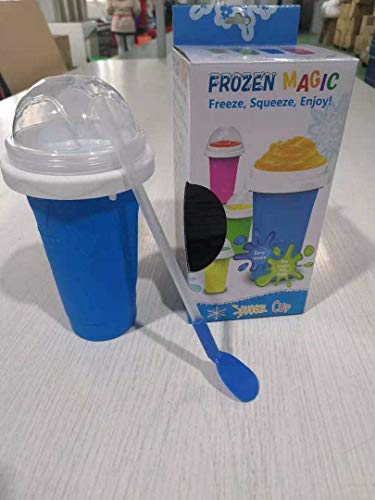 Slushy Maker Ice Cup Travel Portable Double Layer Silica Cup Children's Adult Slushy Ice Cup Pinch Cup Hot Summer Cooler Smoothie Silicon Cup Pinch into Ice (Blue)