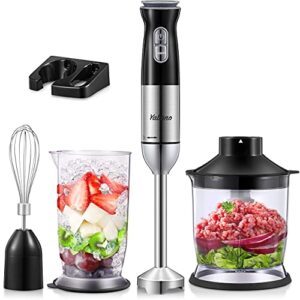 hand blender, handheld blender electric, 5-in-1 multifunctional immersion blender, 12 speed and turbo mode, stainless steel blade with whisk, chopper/grinder bowl and beaker/measuring cup, by yabano (4 in 1)