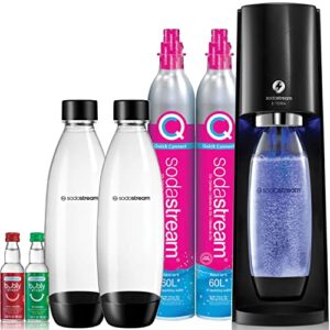 sodastream e-terra sparkling water maker bundle (black), with co2, carbonating bottles, and bubly drops flavors