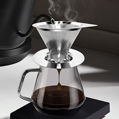 LHS Pour Over Coffee Dripper Reusable Slow Drip Paperless Coffee Filter,Stainless Steel Pour Over Coffee Maker Cone Coffee Dripper for 1-2 Cup,Argyle Pattern