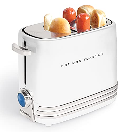 Nostalgia HDT900WHT Pop-Up 2 Hot Dog and Bun Toaster With Mini Tongs, Works with Chicken, Turkey, Veggie Links, Sausages and Brats, White