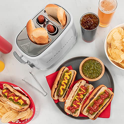 Nostalgia HDT900WHT Pop-Up 2 Hot Dog and Bun Toaster With Mini Tongs, Works with Chicken, Turkey, Veggie Links, Sausages and Brats, White