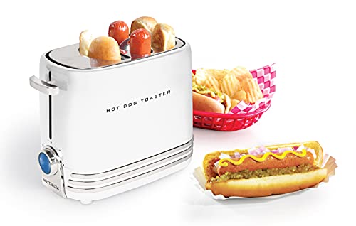 Nostalgia HDT900WHT Pop-Up 2 Hot Dog and Bun Toaster With Mini Tongs, Works with Chicken, Turkey, Veggie Links, Sausages and Brats, White