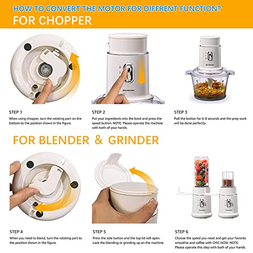 Homeleader Electric Food Chopper - Blender and Food Processor Combo, 3 in 1 Food Grinder Electric for Meat, Vegetables, Fruits, Coffee, 8 Cup Glass Bowl with 2 Speeds and 4 Stainless Steel Blades, Coffee Grinder, Meat Chopper