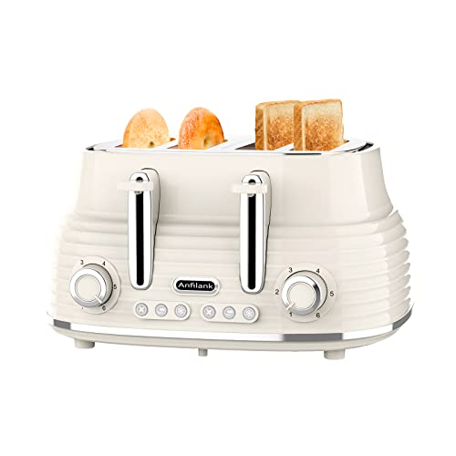 Anfilank 4-Slice Toaster, 1.5" Extra Wide Slots, Retro Stainless Steel with High Lift Lever, Cancel, Bagel, Defrost Function, Removal Crumb Tray, 6-Shade Settings, Dual Independent Control Panel, (Cream)