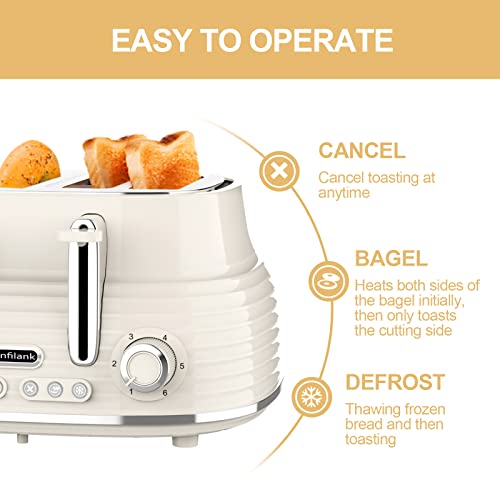 Anfilank 4-Slice Toaster, 1.5" Extra Wide Slots, Retro Stainless Steel with High Lift Lever, Cancel, Bagel, Defrost Function, Removal Crumb Tray, 6-Shade Settings, Dual Independent Control Panel, (Cream)