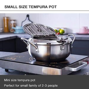 EAMATE Tempura Fry Pot, Stainless Steel Tempura Deep Fryer with Thermometer, 8 Inches, Mini Size Perfect for 2-3 People