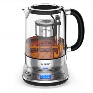 razorri electric tea maker 1.7l with automatic infuser for tea brewing, stainless steel glass kettle, presets for 5 tea types and 3 brew strengths, 24 hour delayed start, keep warm setting