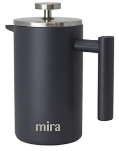 mira 20 oz stainless steel french press coffee maker | double walled insulated coffee & tea brewer pot & maker | keeps brewed coffee or tea hot | 600 ml (gray)