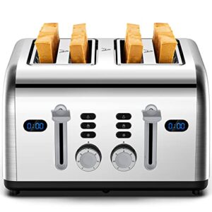 toaster 4 slice, redmond stainless steel retro toaster with led countdown timer and removable crumb tray, dual control panel, reheat defrost cancel function, high lift lever, silver