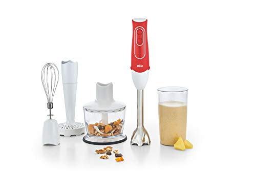 Braun MultiQuick 5 Immersion Hand Blender Patented Technology-Powerful 350 Watt-Dual Speed-Includes Beaker, Whisk, 2-Cup Chopper, Masher, 536, Red