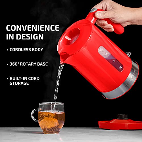 Ovente Electric Kettle, 1.8 Liter with Prontofill Lid, 1500 Watt BPA-Free Fast Heating Element with Auto Shut-Off & Boil Dry Protection, Instant Hot Water Boiler for Coffee & Tea, Red KP413R