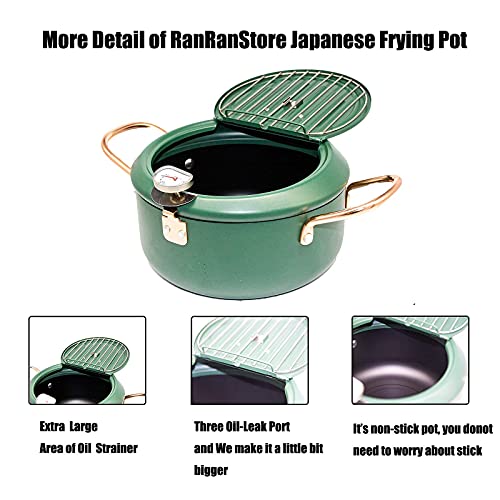 RANRAN Japanese Tempura Deep Fryer Pot with Thermometer and lid 20 cm / 8 inches 2200ml 2.3 Quart with nonstick coating Mini Deep Fryer tempura/chicken/fish/shrimp Perfect for Couples (Green Black) Easy Clean RRSRSYZG