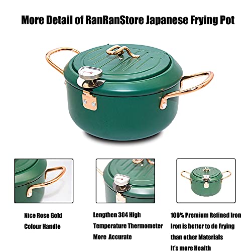 RANRAN Japanese Tempura Deep Fryer Pot with Thermometer and lid 20 cm / 8 inches 2200ml 2.3 Quart with nonstick coating Mini Deep Fryer tempura/chicken/fish/shrimp Perfect for Couples (Green Black) Easy Clean RRSRSYZG