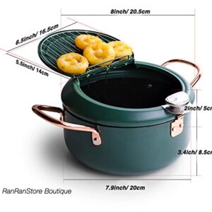 RANRAN Japanese Tempura Deep Fryer Pot with Thermometer and lid 20 cm / 8 inches 2200ml 2.3 Quart with nonstick coating Mini Deep Fryer tempura/chicken/fish/shrimp Perfect for Couples (Green Black) Easy Clean RRSRSYZG