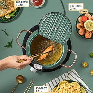 RANRAN Japanese Tempura Deep Fryer Pot with Thermometer and lid 20 cm / 8 inches 2200ml 2.3 Quart with nonstick coating Mini Deep Fryer tempura/chicken/fish/shrimp Perfect for Couples (Green Black) Easy Clean RRSRSYZG