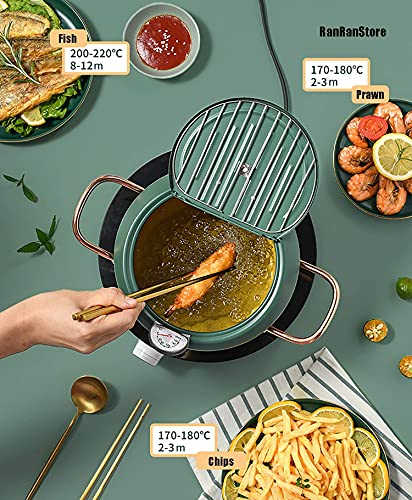 RANRAN Japanese Tempura Deep Fryer Pot with Thermometer and lid 20 cm / 8 inches 2200ml 2.3 Quart with nonstick coating Mini Deep Fryer tempura/chicken/fish/shrimp Perfect for Couples (Green Black) Easy Clean RRSRSYZG