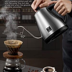 Electric Gooseneck Pour Over Coffee Kettle with Coffee Dripper, Yabano Variable Temperature Control Kettle for Drip Coffee and Tea, Stainless Steel, LED Display, Auto Shut-off and Keep Warm, 1000W