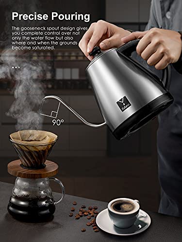 Electric Gooseneck Pour Over Coffee Kettle with Coffee Dripper, Yabano Variable Temperature Control Kettle for Drip Coffee and Tea, Stainless Steel, LED Display, Auto Shut-off and Keep Warm, 1000W