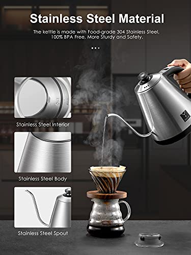 Electric Gooseneck Pour Over Coffee Kettle with Coffee Dripper, Yabano Variable Temperature Control Kettle for Drip Coffee and Tea, Stainless Steel, LED Display, Auto Shut-off and Keep Warm, 1000W