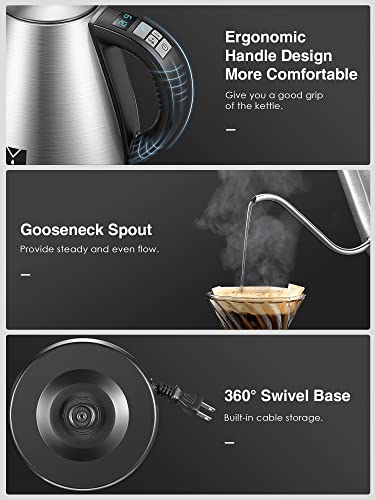 Electric Gooseneck Pour Over Coffee Kettle with Coffee Dripper, Yabano Variable Temperature Control Kettle for Drip Coffee and Tea, Stainless Steel, LED Display, Auto Shut-off and Keep Warm, 1000W