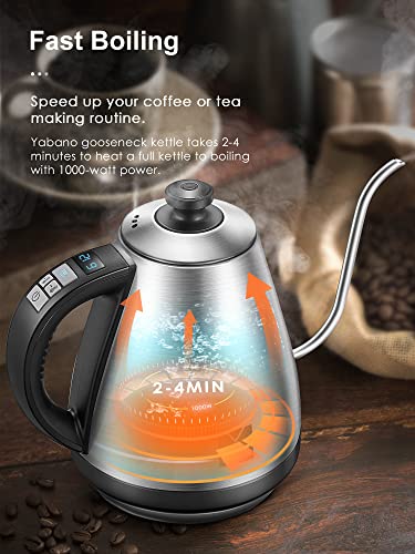 Electric Gooseneck Pour Over Coffee Kettle with Coffee Dripper, Yabano Variable Temperature Control Kettle for Drip Coffee and Tea, Stainless Steel, LED Display, Auto Shut-off and Keep Warm, 1000W