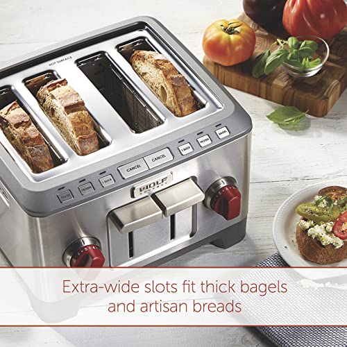 Wolf Gourmet 4-Slice Extra-Wide Slot Toaster with Shade Selector, Bagel and Defrost Settings, Red Knob, Stainless Steel (WGTR154S)