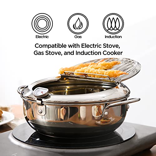 KOMONG Deep Fryer Pot (°F), Japanese Tempura Small Deep Frying Pot with Fahrenheit Thermometer, 304 Stainless Steel Deep Fryer with Oil Draining Rack for Tempura chips, Fries, Fish, and Chicken