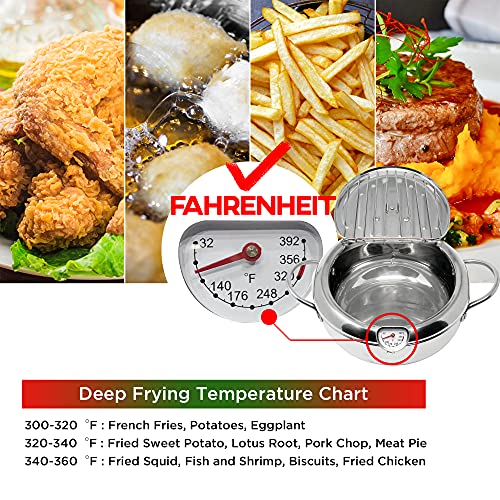 KOMONG Deep Fryer Pot (°F), Japanese Tempura Small Deep Frying Pot with Fahrenheit Thermometer, 304 Stainless Steel Deep Fryer with Oil Draining Rack for Tempura chips, Fries, Fish, and Chicken