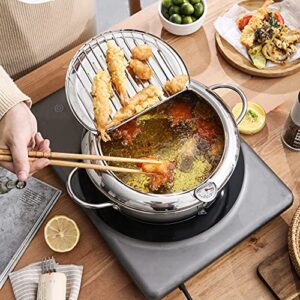 KOMONG Deep Fryer Pot (°F), Japanese Tempura Small Deep Frying Pot with Fahrenheit Thermometer, 304 Stainless Steel Deep Fryer with Oil Draining Rack for Tempura chips, Fries, Fish, and Chicken