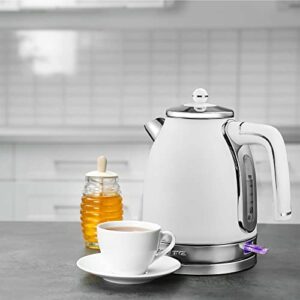 Ovente Electric Stainless Steel Hot Water Kettle 1.7 Liter Victoria Collection, 1500 Watt Power Tea Maker Boiler with Auto Shut-Off Boil Dry Protection Removable Filter and Water Gauge, White KS777W