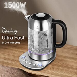 Davivy Electric Kettle Temperature Control With Tea Infuser, Keep Warm +4 Variable Presets Electric Tea Kettle, 1500W Smart Water Boiler with Dry-Boil Protection,1.7L (Borosilicate Glass)