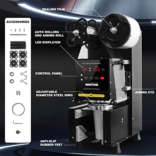 WantJoin Cup Sealing Machine Full Automatic Cup Sealer Machine 90/95mm 35.4/37.4in Electric Cup Sealing Machine 500-650 Cups/H Digital Control LCD Panel Cup Sealer for Bubble Milk Tea Coffee Black