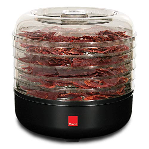 Ronco Beef Machine, 5-Tray Dehydrator with 5-Piece Kit, Food Preserver Quiet Operation, for Turkey, Chicken, Fish, Fruits, Vegetables, Deluxe Black with Jerky Gun