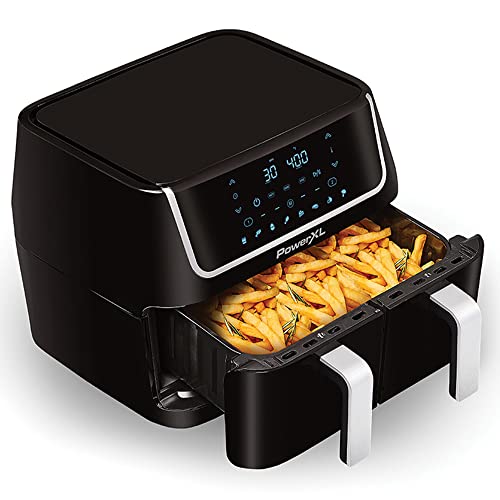 PowerXL Vortex 10-qt Dual Basket Air Fryer, 7-in-1 2-Basket Electric Fryer or 1 Extra-Large Capacity Basket, SmartSync Technology, for Entire XL Family Meals, Shake Reminder (10 QT, Black)