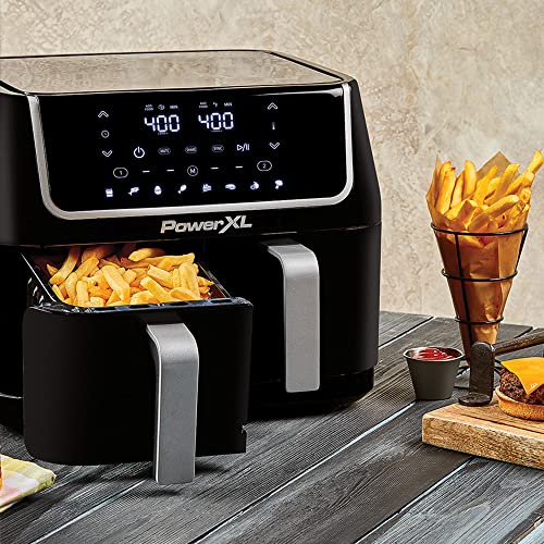 PowerXL Vortex 10-qt Dual Basket Air Fryer, 7-in-1 2-Basket Electric Fryer or 1 Extra-Large Capacity Basket, SmartSync Technology, for Entire XL Family Meals, Shake Reminder (10 QT, Black)