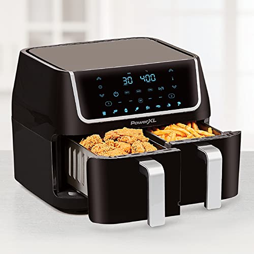 PowerXL Vortex 10-qt Dual Basket Air Fryer, 7-in-1 2-Basket Electric Fryer or 1 Extra-Large Capacity Basket, SmartSync Technology, for Entire XL Family Meals, Shake Reminder (10 QT, Black)