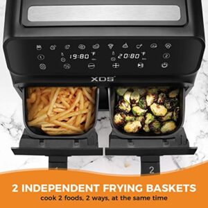 XDS 10-in-1 Dual Basket Air Fryer, 8-qt Oilless Cooker for Roasting, Baking, Dehydrate, Reheating and more, 2 Independent Baskets, Digital Touchscreen, Dishwasher-Safe Basket