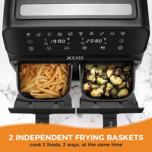 XDS 10-in-1 Dual Basket Air Fryer, 8-qt Oilless Cooker for Roasting, Baking, Dehydrate, Reheating and more, 2 Independent Baskets, Digital Touchscreen, Dishwasher-Safe Basket