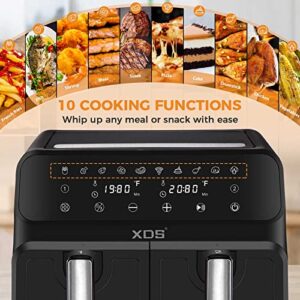 XDS 10-in-1 Dual Basket Air Fryer, 8-qt Oilless Cooker for Roasting, Baking, Dehydrate, Reheating and more, 2 Independent Baskets, Digital Touchscreen, Dishwasher-Safe Basket