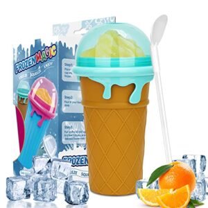 slushie maker cup squeeze, 500ml diy quick frozen magic cup slushy with lids & straws for kids & adults, homemade summer diy ice cream maker (brown)