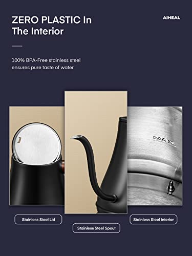 Electric Gooseneck Kettle with Precise 1℉ Temperature Control, Aiheal Pour Over Coffee Tea Kettle,1200W Rapid Heating, Temperature Holding, 100% Stainless Steel Inner, 0.8L, Matt Black