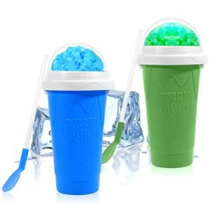 ragnify slushy cup 2 pack slushie maker ice cup silica cup pinch cup summer cooler smoothies cup double layer squeeze cup slush maker cup home diy smoothie cup for children and adult (blue & green)