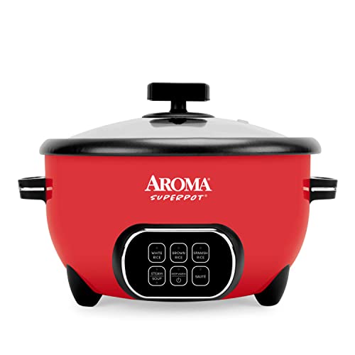 AROMA® 20-Cup (Cooked) Super Pot® Rice & Grain Cooker, Food Steamer & Multicooker with Sauté, Soup, and Spanish Rice Functions, Automatic Keep Warm Mode, Steam Rack Included, Red (ARC-1021DR)