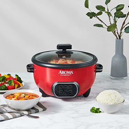 AROMA® 20-Cup (Cooked) Super Pot® Rice & Grain Cooker, Food Steamer & Multicooker with Sauté, Soup, and Spanish Rice Functions, Automatic Keep Warm Mode, Steam Rack Included, Red (ARC-1021DR)