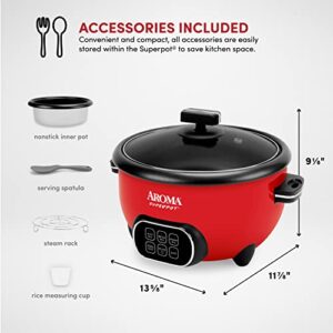 AROMA® 20-Cup (Cooked) Super Pot® Rice & Grain Cooker, Food Steamer & Multicooker with Sauté, Soup, and Spanish Rice Functions, Automatic Keep Warm Mode, Steam Rack Included, Red (ARC-1021DR)